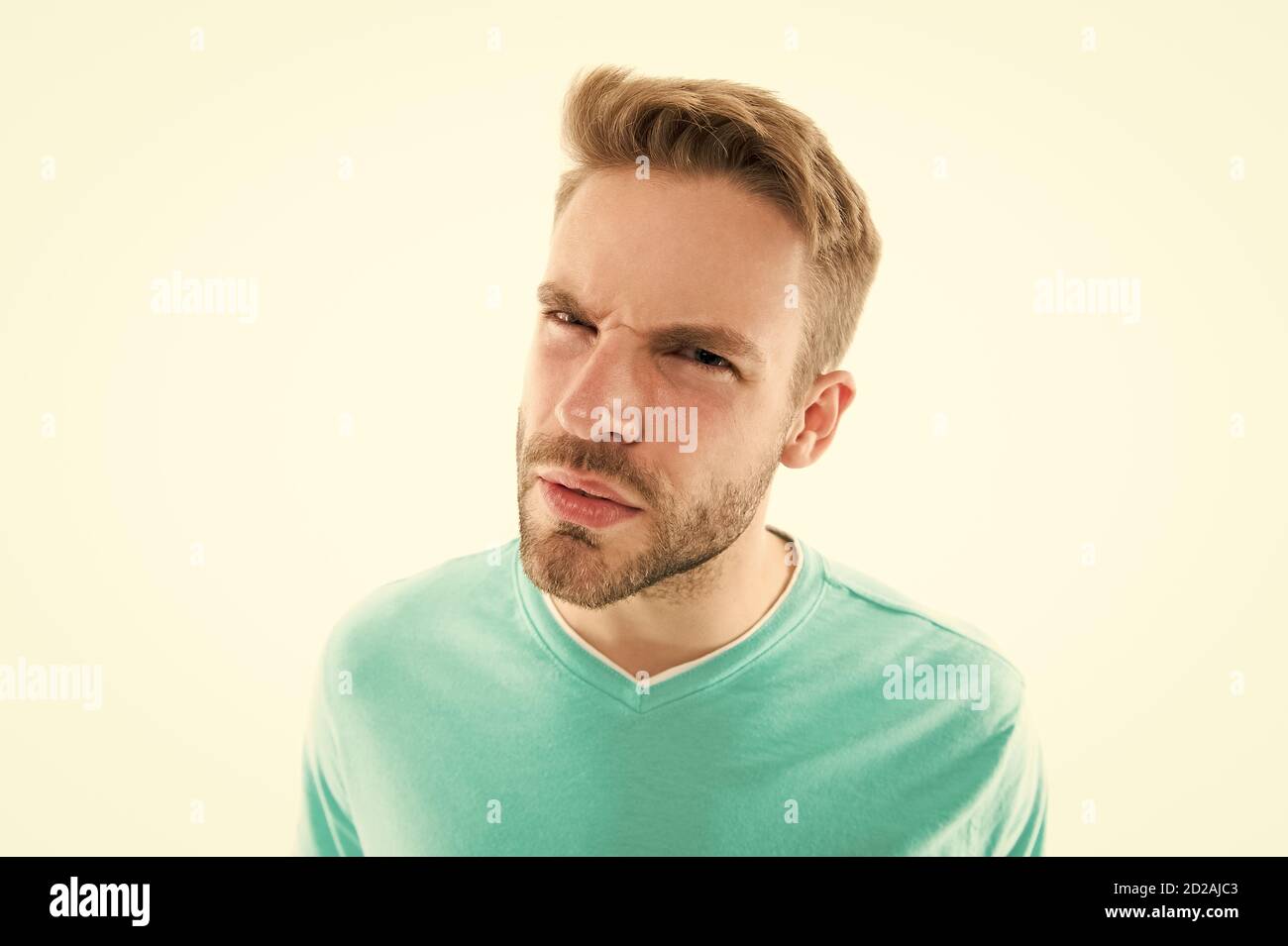 What did you say. Stress resistance concept. Guy tense face expression ...