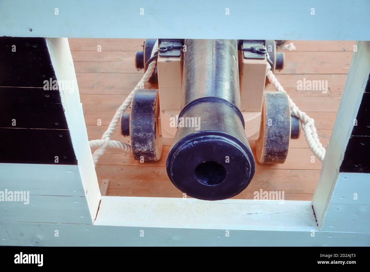 French vintage ship gun on the deck. Weapons of the Crimean war of the ...