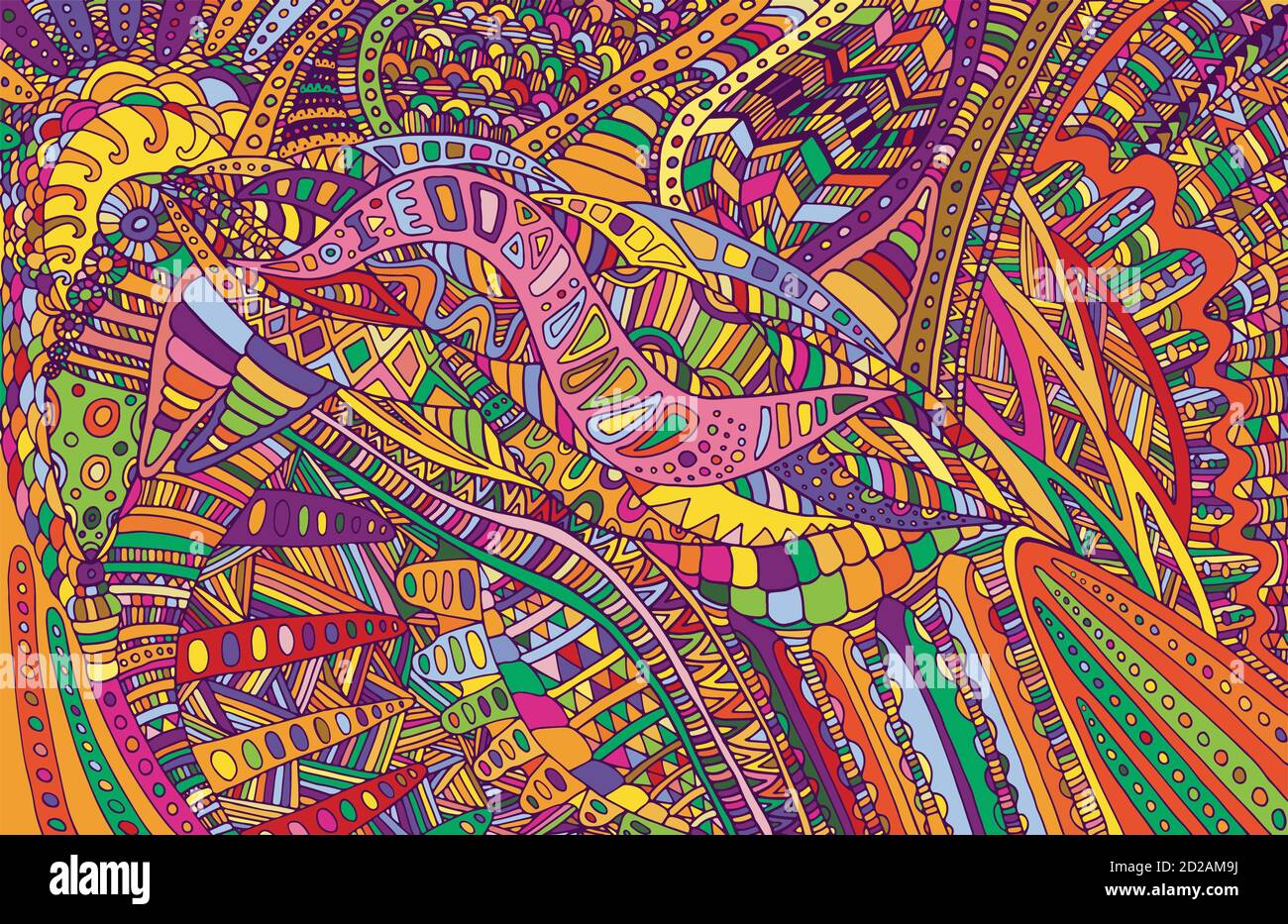 Psychedelic colorful surreal doodle pattern. Rainbow colors abst Stock ...