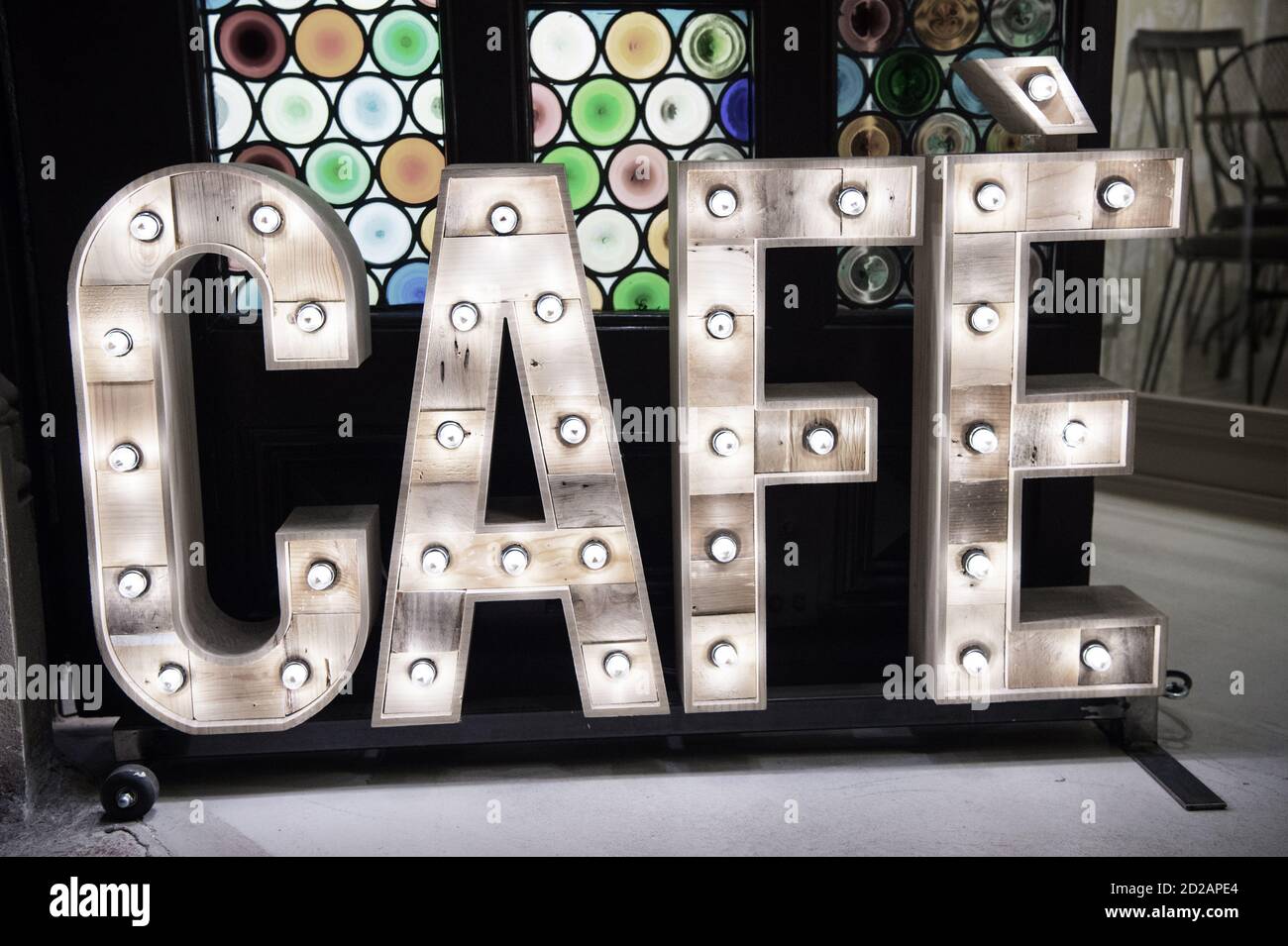 Cafe Vintage sign made with wooden letters with lamps texture. Bar cafe ...