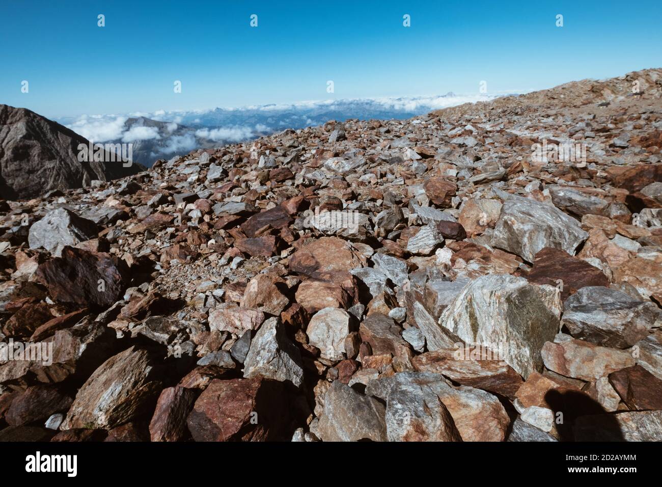 French Alps breathtaking rocky stones field landscape. Mont Blanc ...