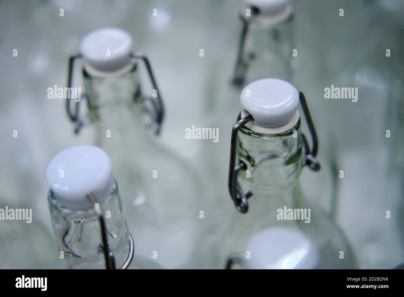 Corked glass bottle necks, close-up. Detail of the neck of glass ...