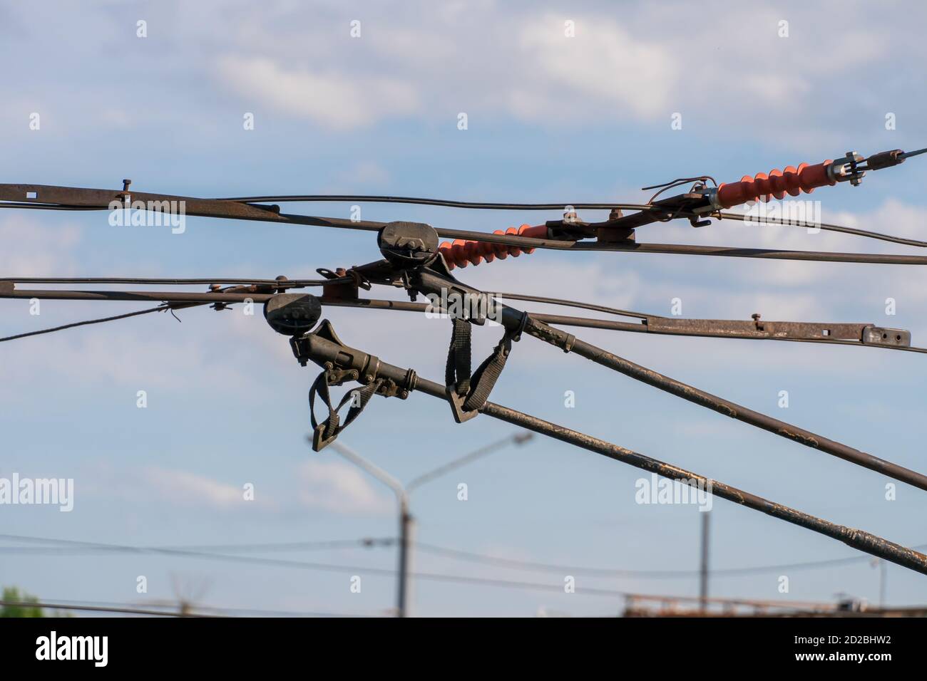 Trolleybus horns, wires on the line for trolleybuses close-up against ...