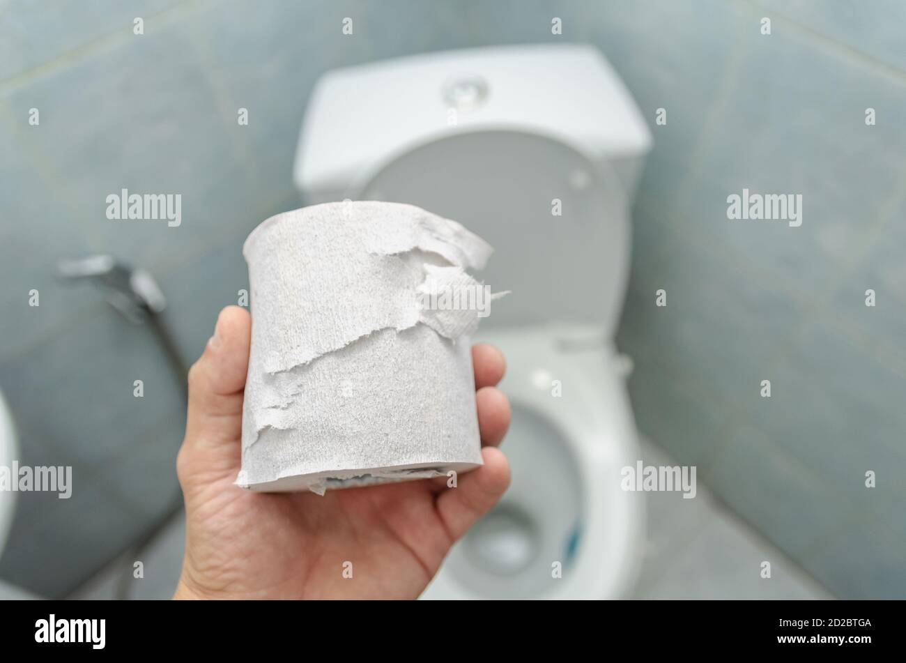 A man's hand holds a roll of white toilet paper over the toilet close ...