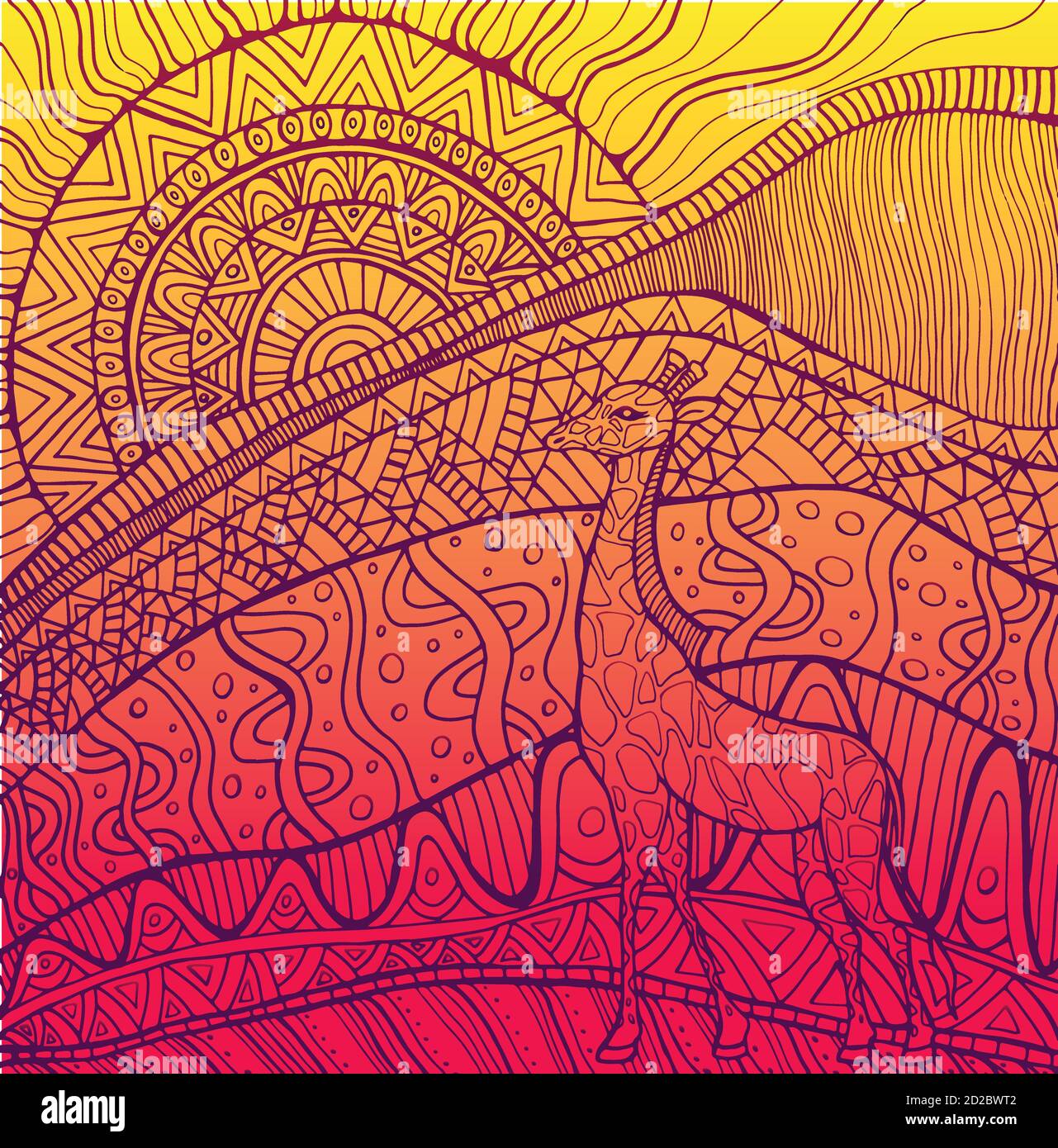 Ornamental giraffe and sun and African landscape, color page Stock ...