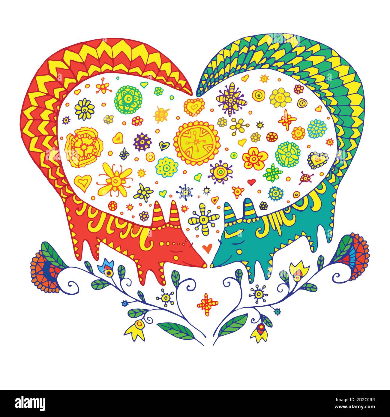 Valentine s Day. Love cute card. Two color cartoon foxes Stock Vector ...