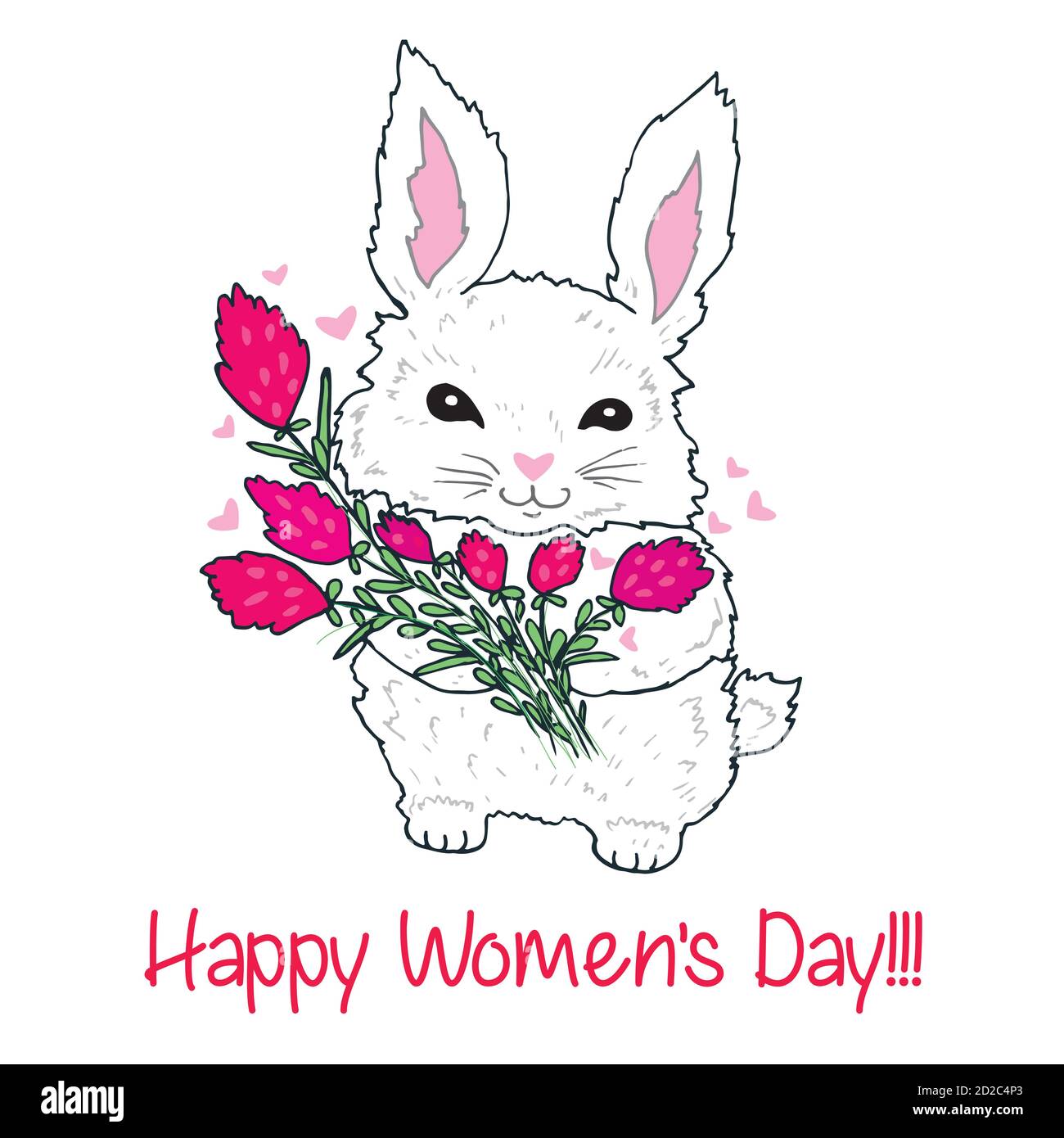 Cute fluffy bunny with a bouquet of flowers and flying hearts Stock ...