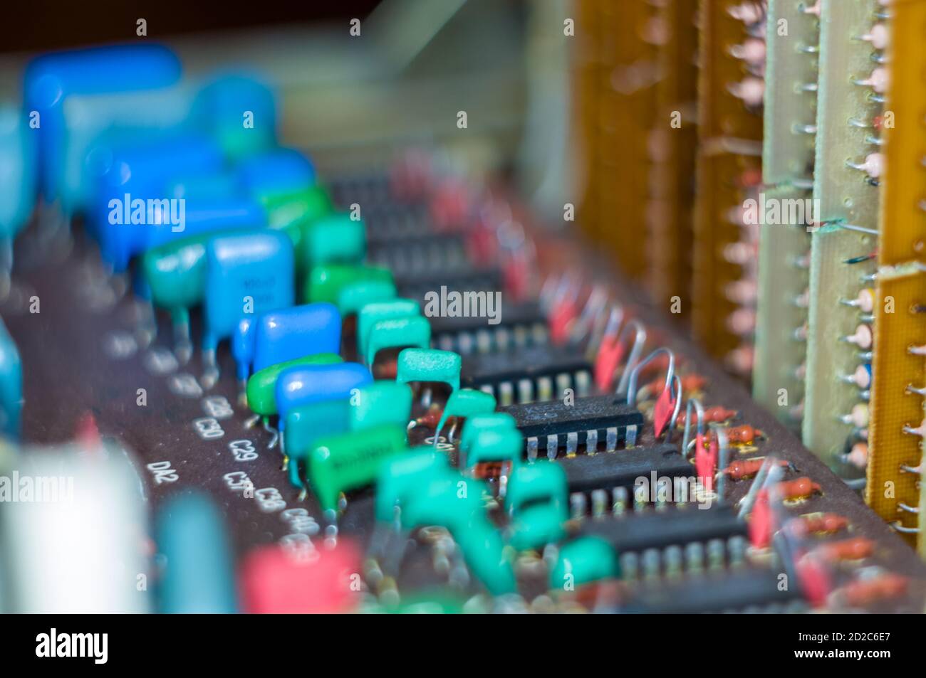 Vintage electronic circuit boards with radio parts and chips, close-up ...