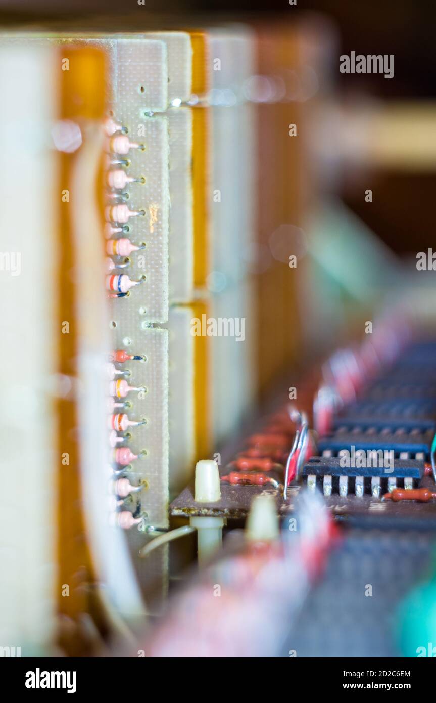 Vintage electronic circuit boards with radio parts and chips, close-up ...