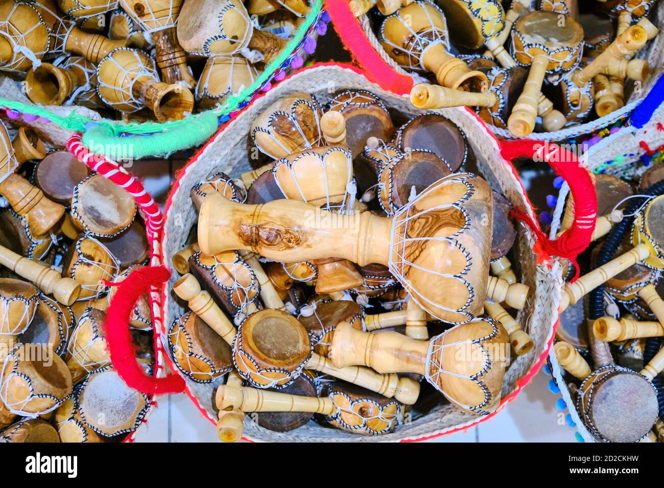 Percussion Arabic musical instruments in the Medina Bazaar. Djembe and ...