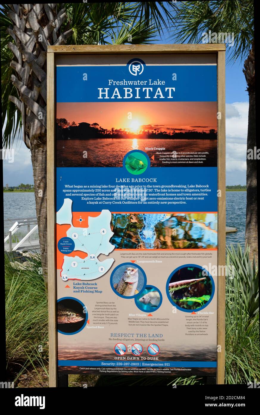 Sign showing recreation activities at Babcock Ranch, FL a solar-powered ...
