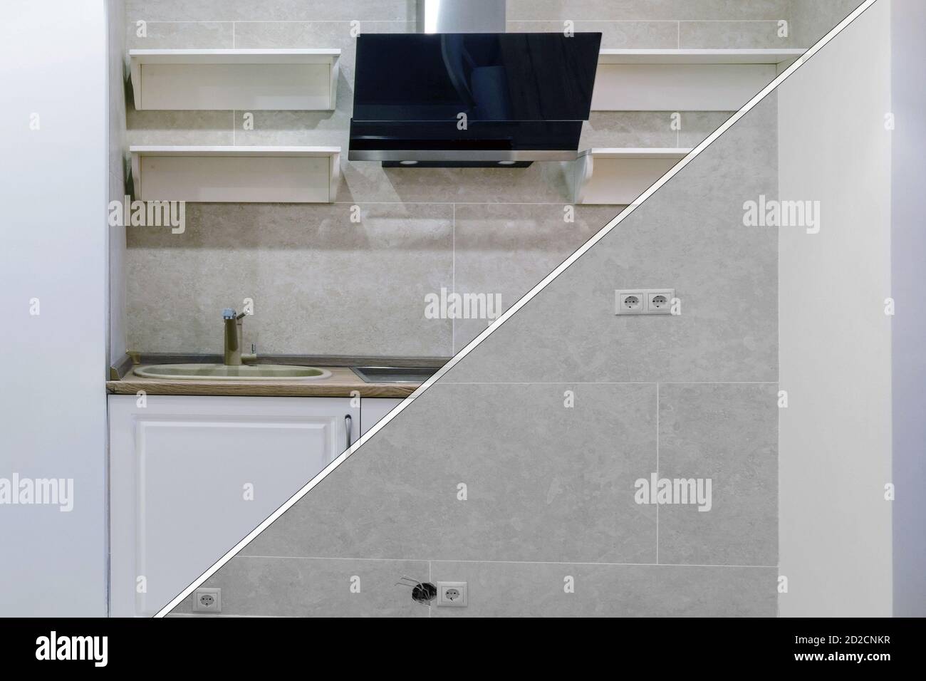 Diagonal split of the new modern kitchen before and after installation ...