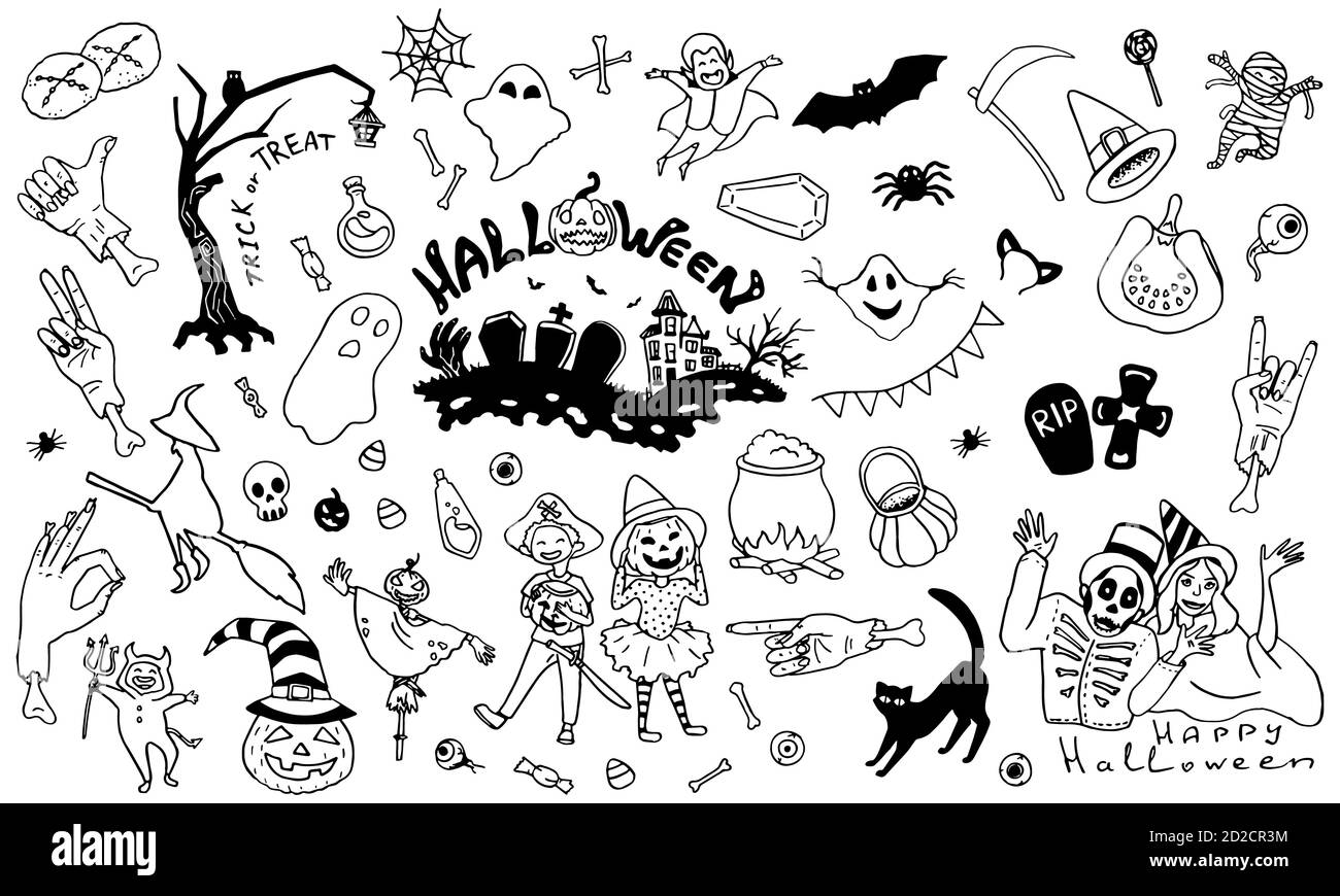 Outline halloween icon set on white isolated backdrop. Spooky symbols ...