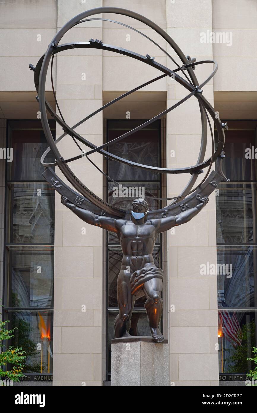 NEW YORK CITY, NY -27 SEP 2020- View of the Atlas statue covered with a ...