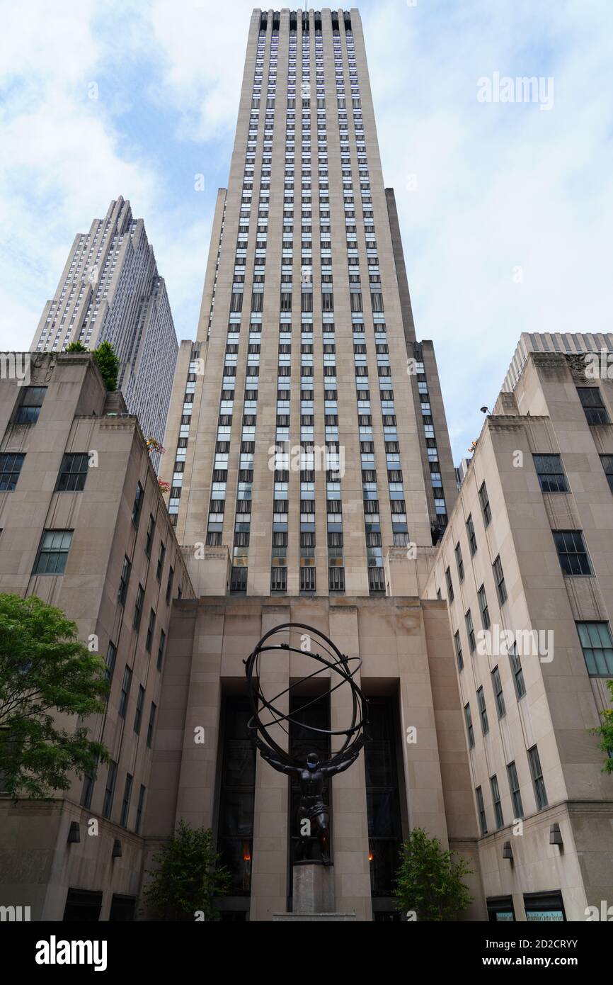 NEW YORK CITY, NY -27 SEP 2020- View of the Atlas statue covered with a ...