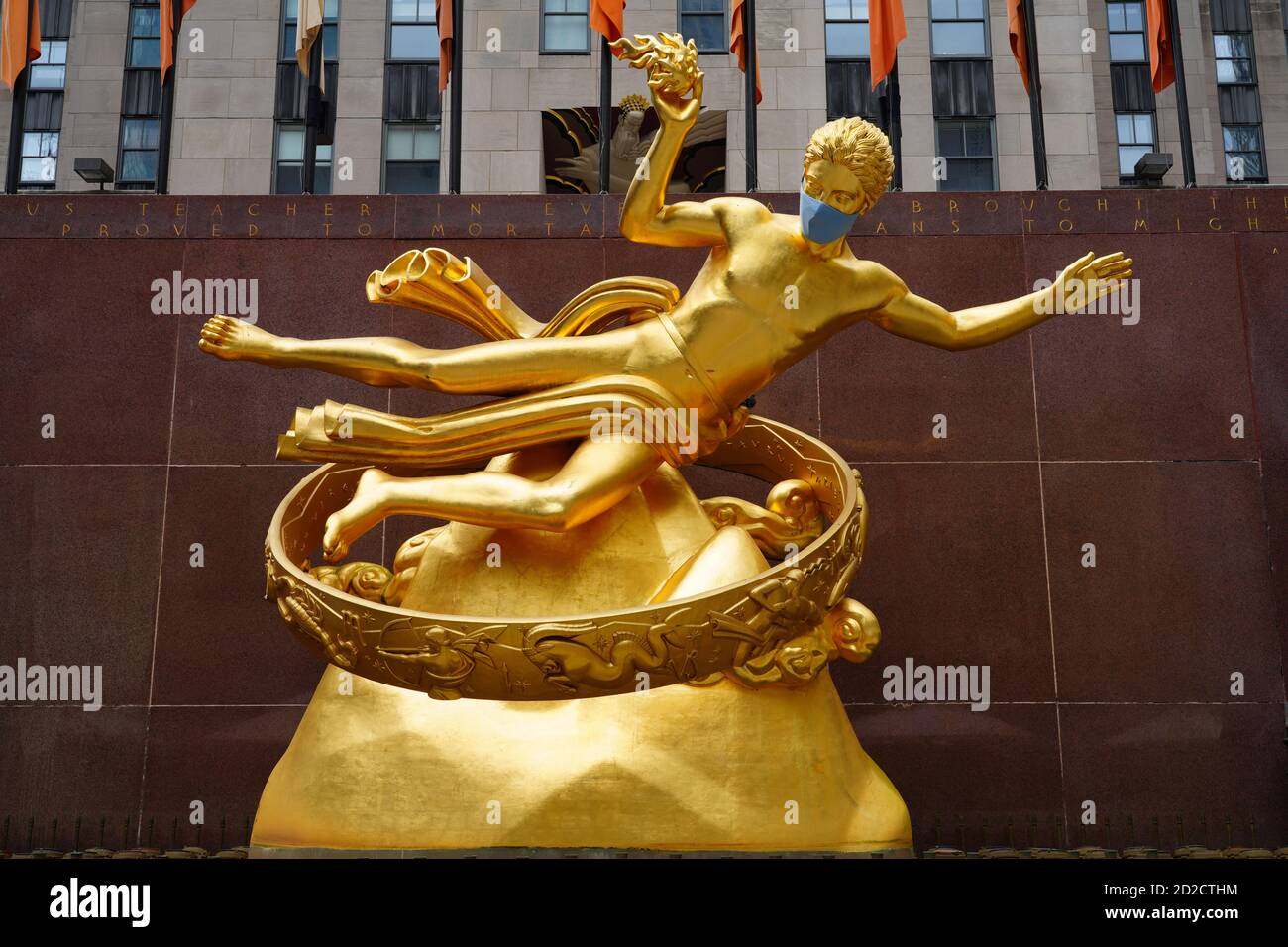 NEW YORK CITY, NY -27 SEP 2020- View of the golden Prometheus statue ...
