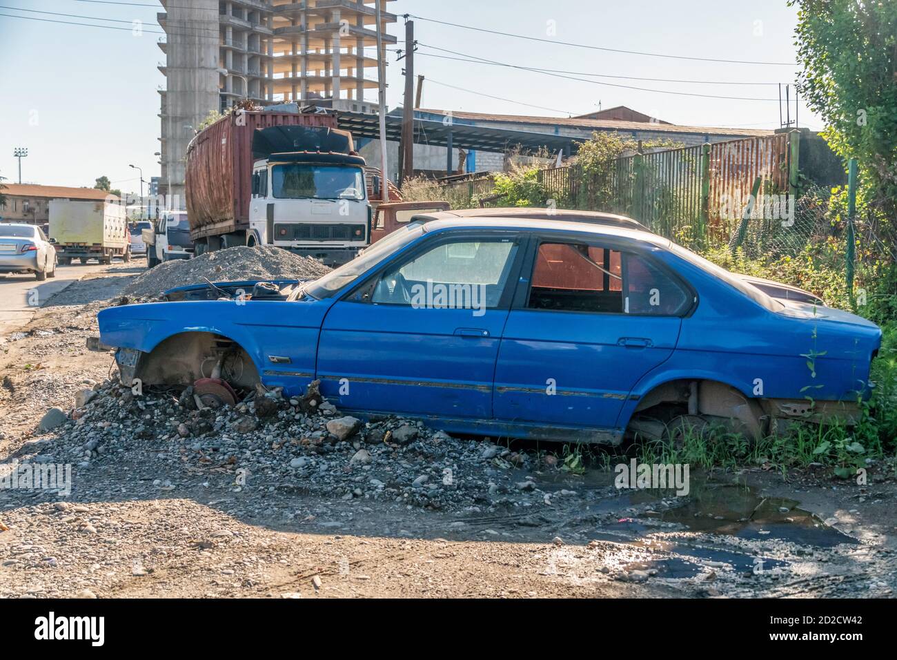 Disassembled, broken blue car on the streets of Batumi Stock Photo - Alamy
