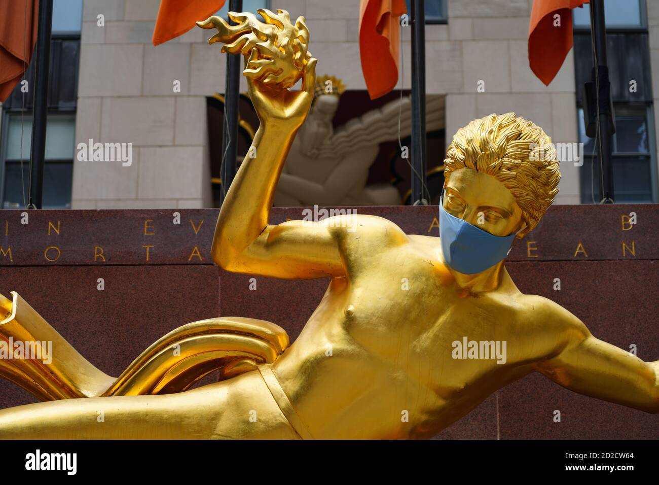NEW YORK CITY, NY -27 SEP 2020- View of the golden Prometheus statue ...