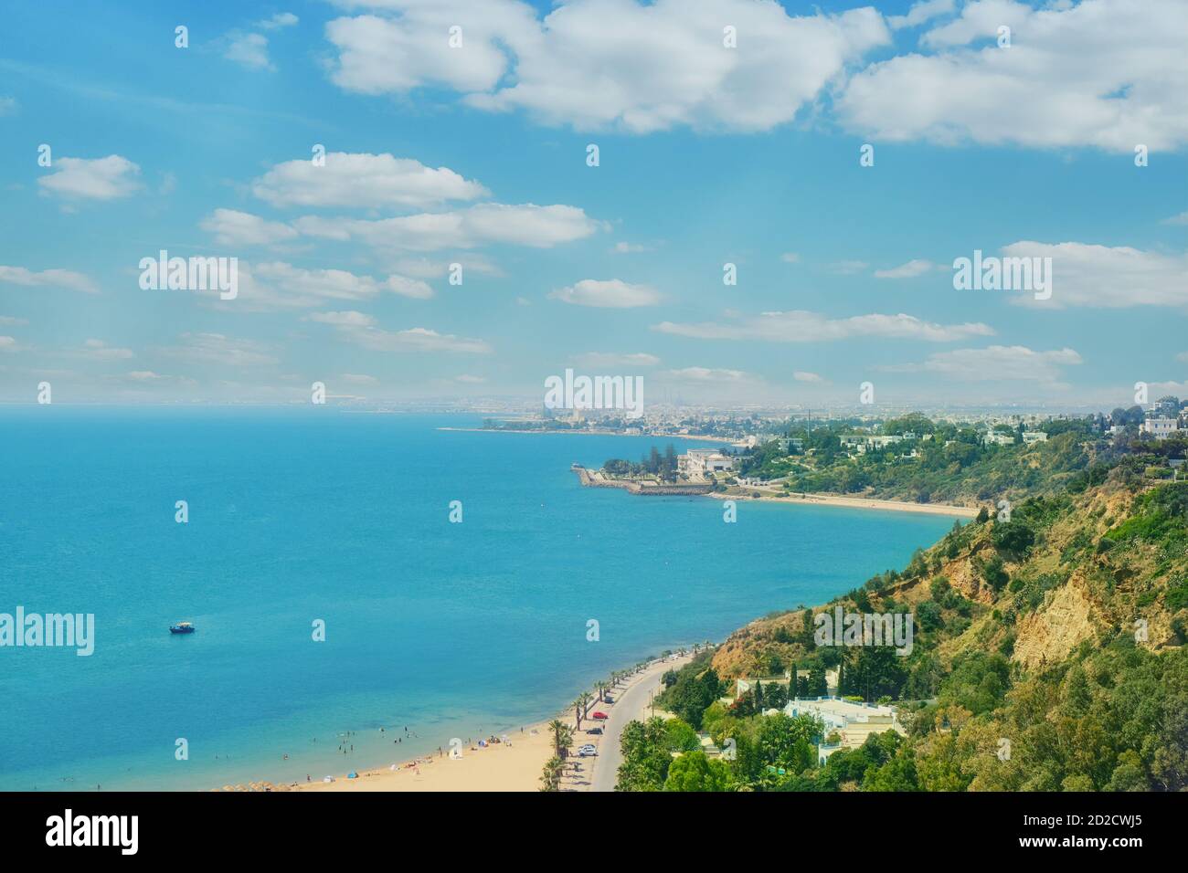 Sea, beach, promenade and coastal road in Sidi Bou said, top view ...