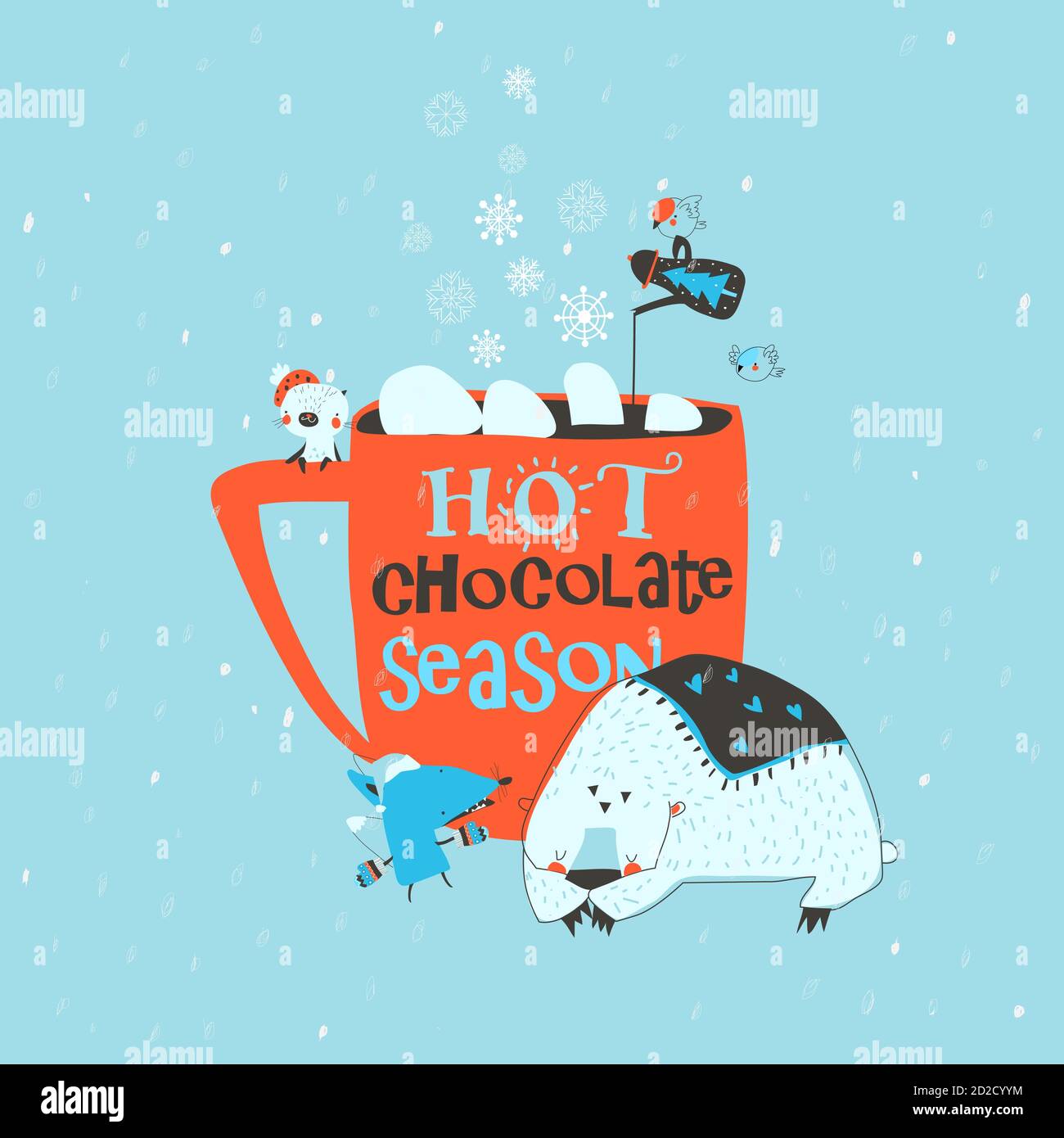 Funny cartoon animals sitting near big red cup with cocoa and ...