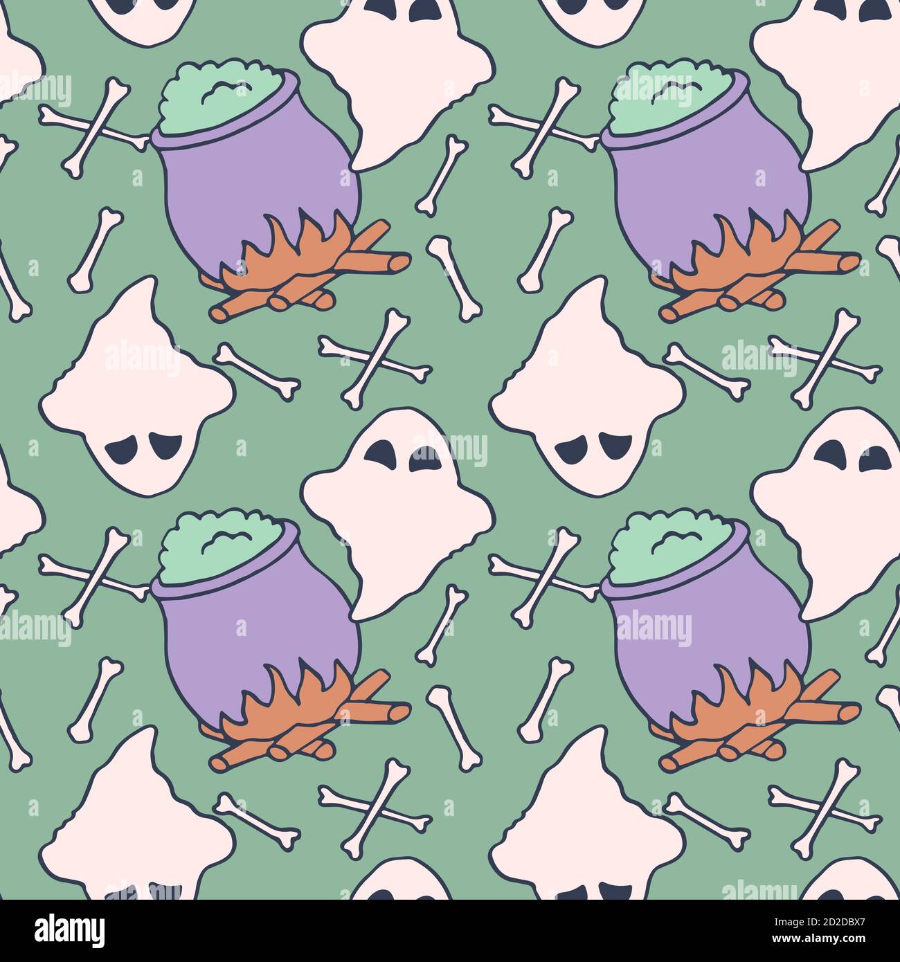 Ghost and cauldron on green backdrop. Halloween seamless pattern for ...
