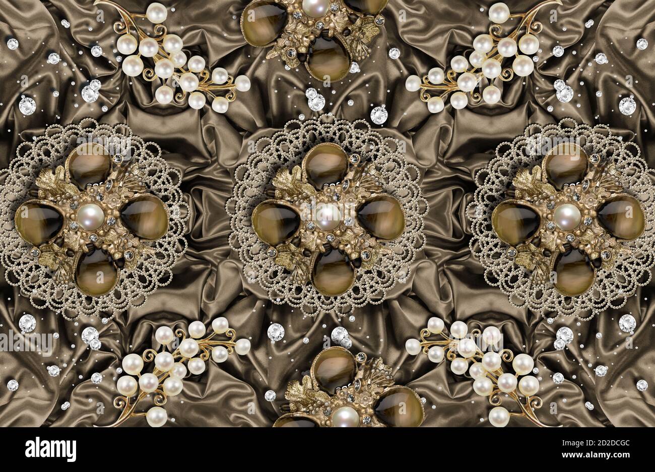 3D wallpaper texture, Jewelry flowers, pearls on brown silk Stock Photo ...