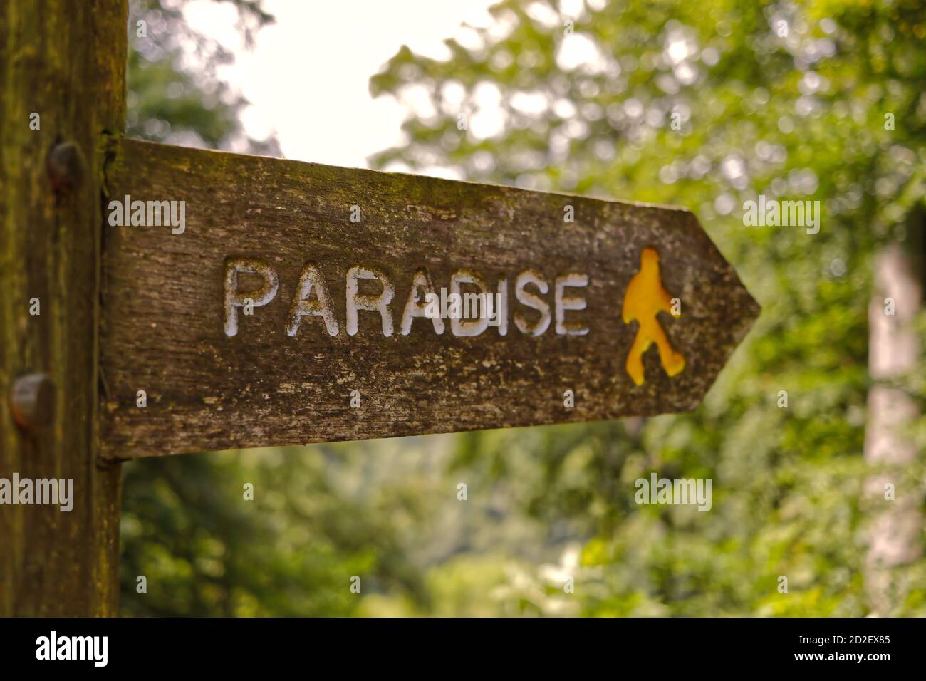 Pedestrian signpost showing the way to Paradise Stock Photo - Alamy