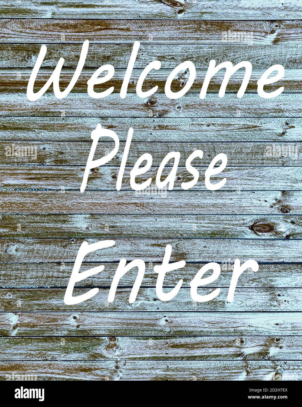 Welcome Please Enter sign on blue whitewashed background on horizontal ...