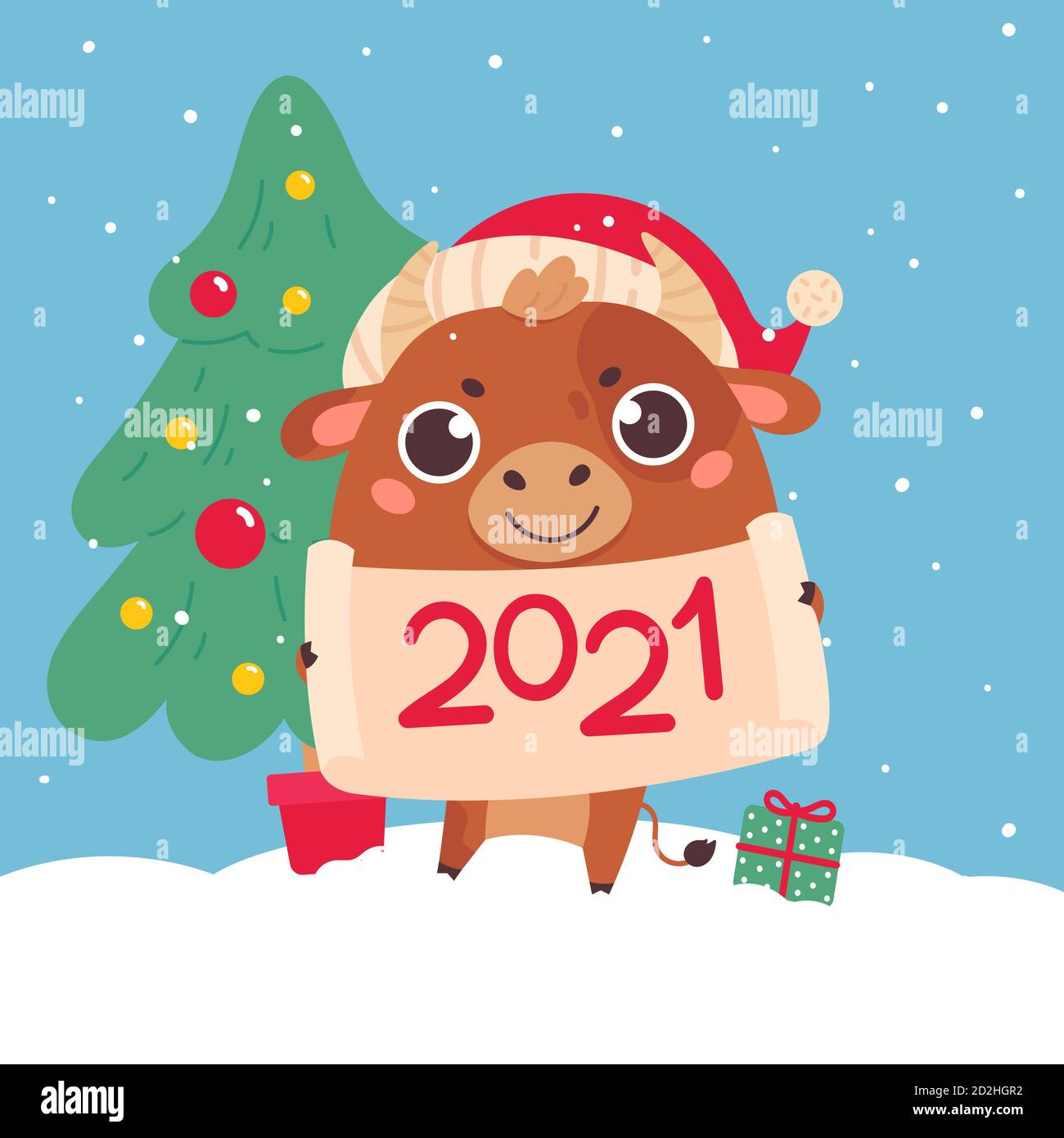 Cute cartoon bull with the Christmas tree Stock Vector Image & Art - Alamy