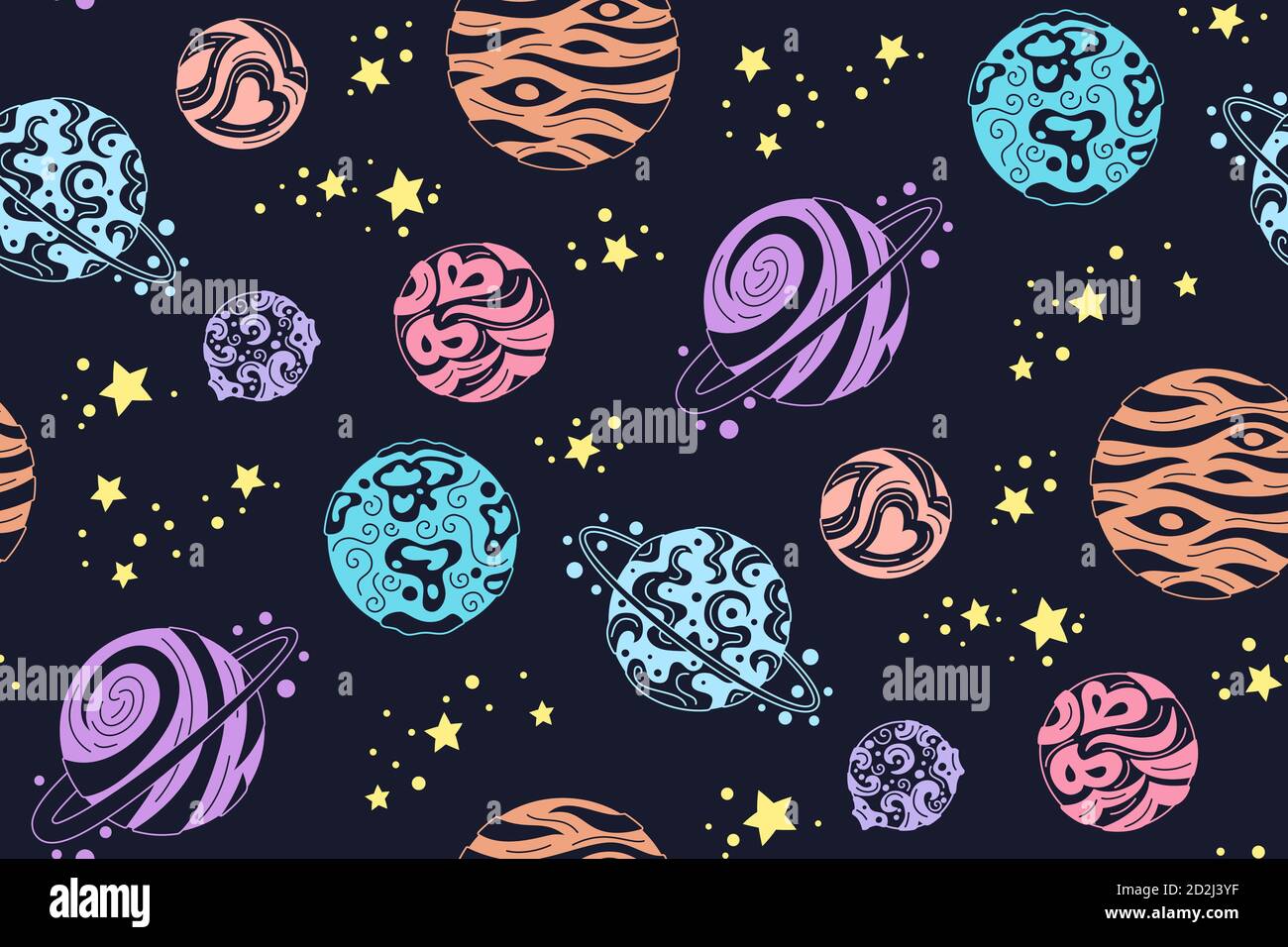 Planets seamless pattern. Colorful doodle solar system, dark background ...