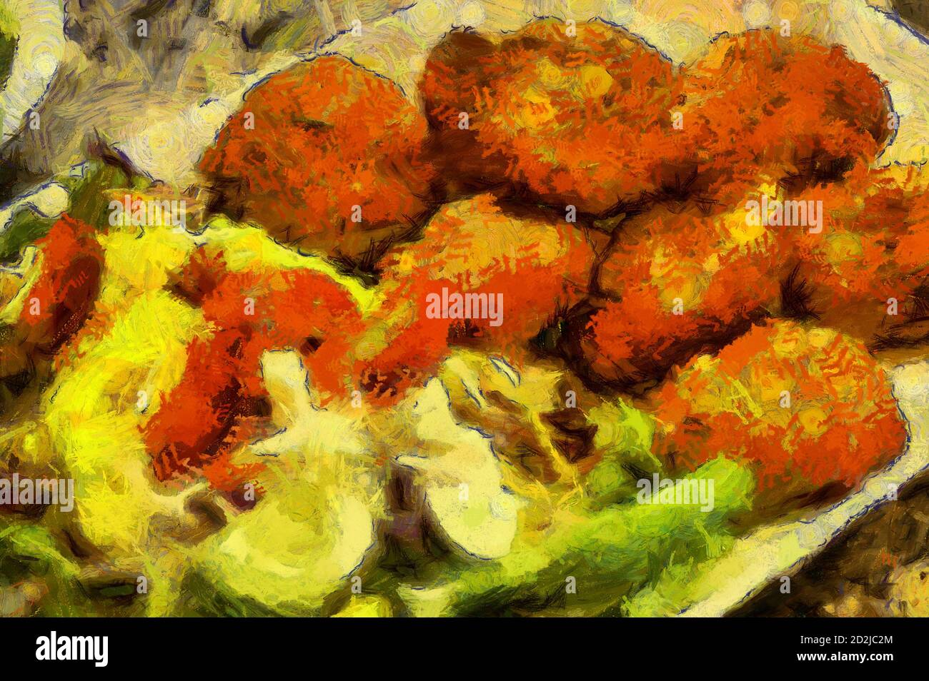 Fried pork on a plate Illustrations creates an impressionist style of ...