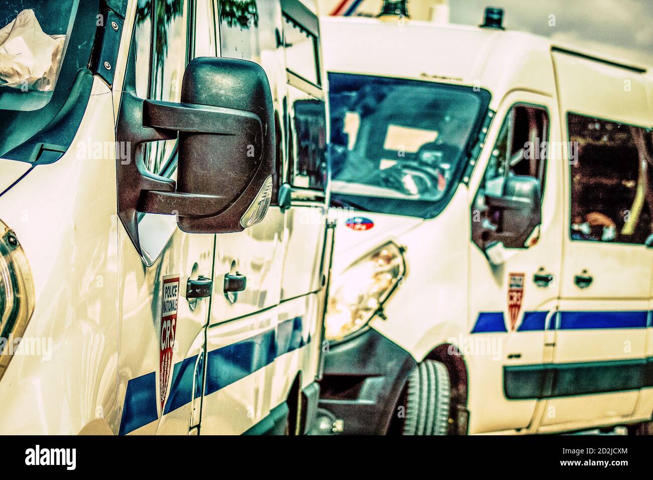 Closeup of an official police car patrolling the streets of the city ...