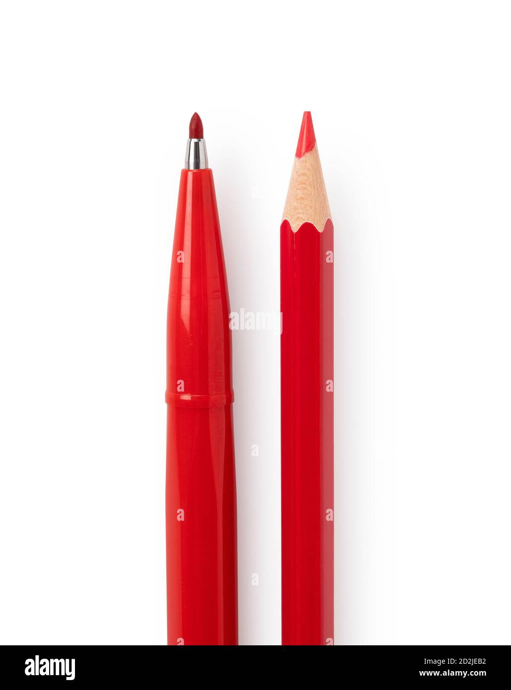 Red pencil and red pen on a white background Stock Photo - Alamy