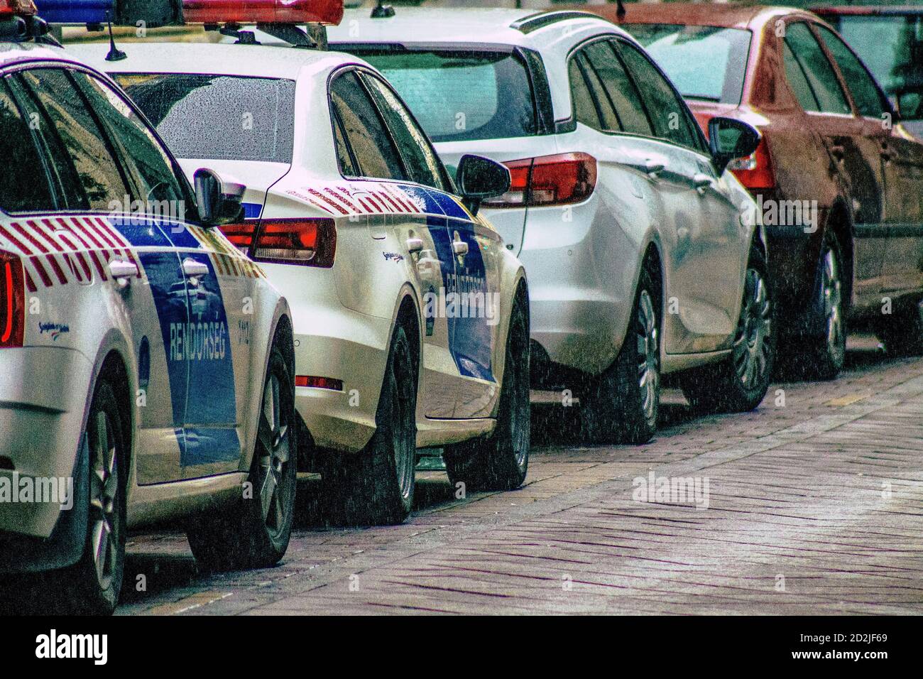 Closeup of an official police car patrolling the streets of the city ...