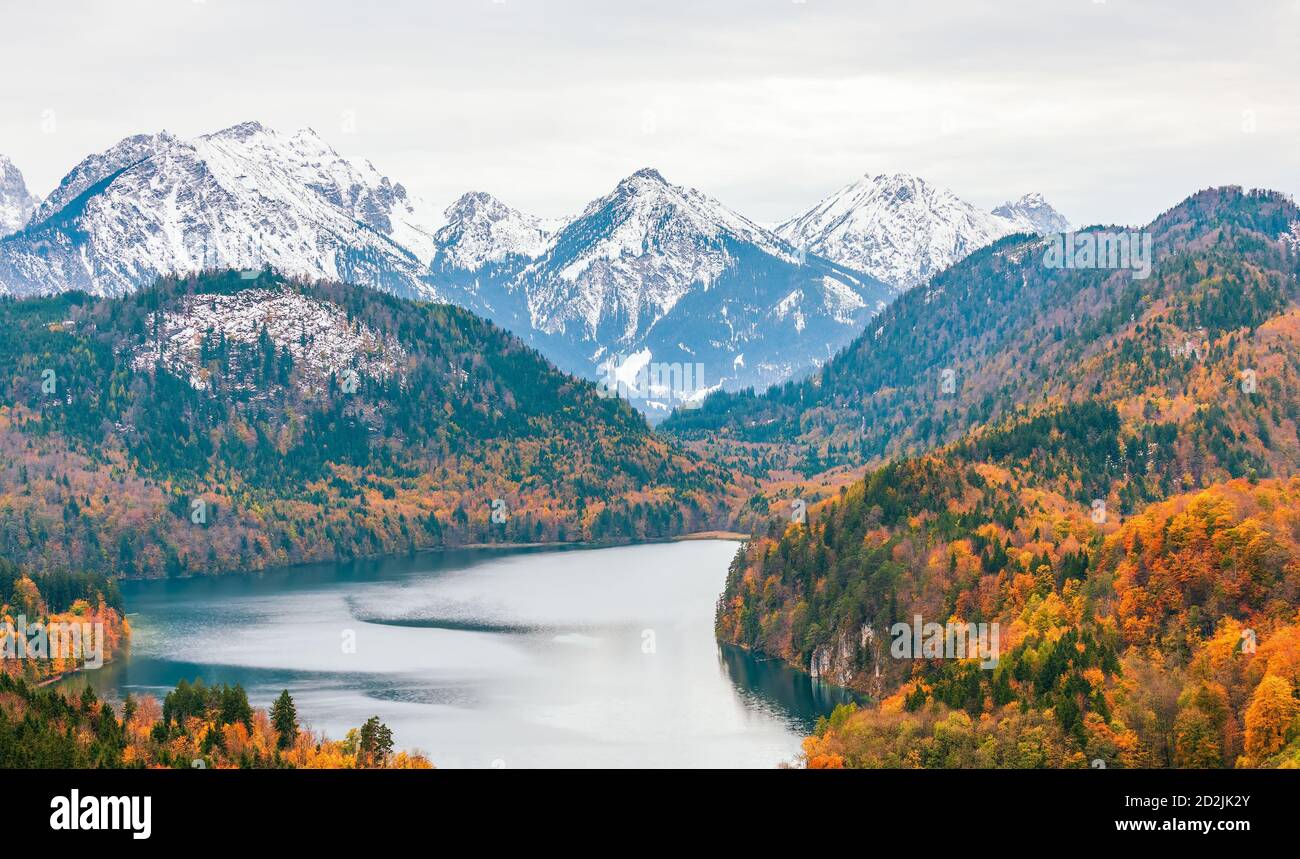View of the Alpsee lake and surrounding mountains from the ...