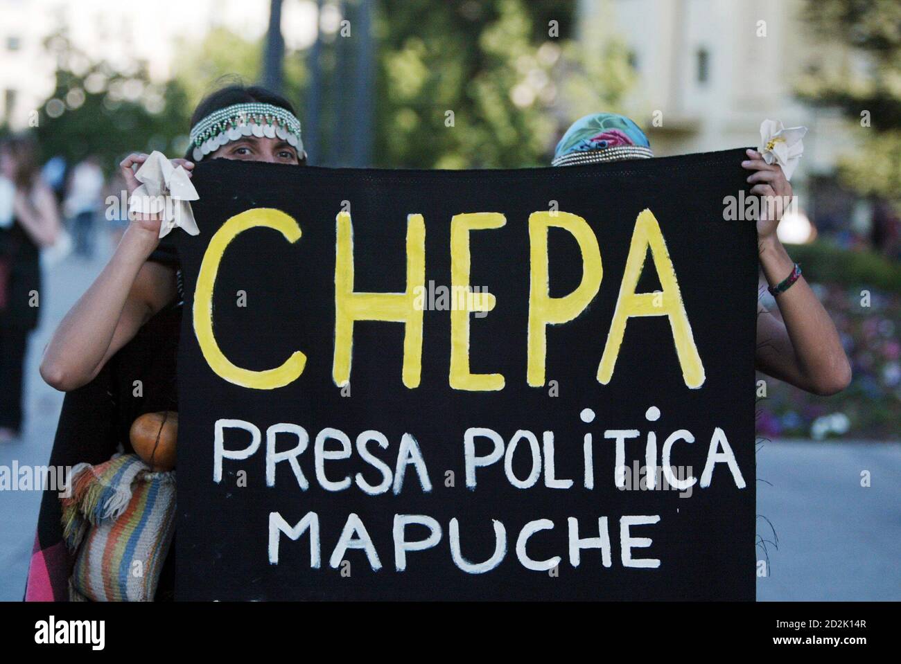 Activists from the Mapuche Indian movement hold a banner during a rally ...