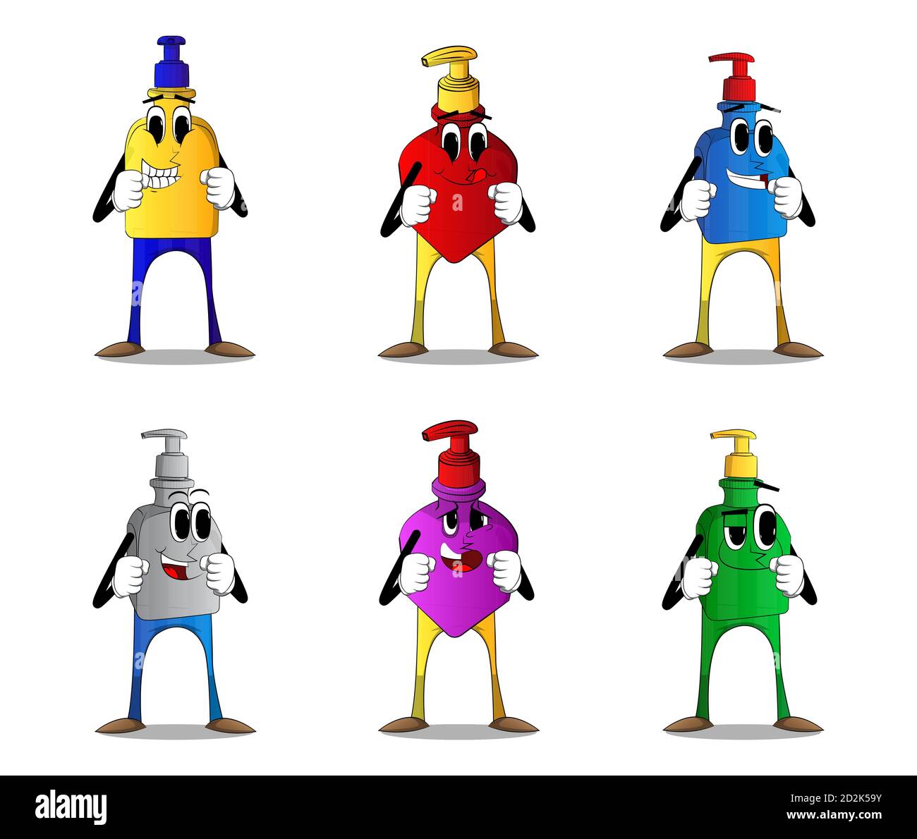 Cartoon bottle of hand sanitizer gel for hygiene with face holding his ...