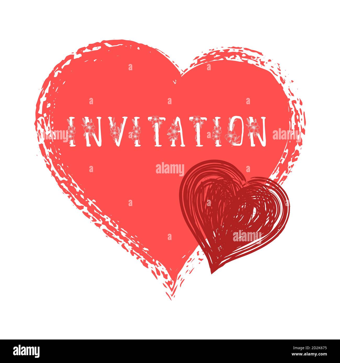 Vector illustration with hand drawn text INVITATION and grunge hearts ...