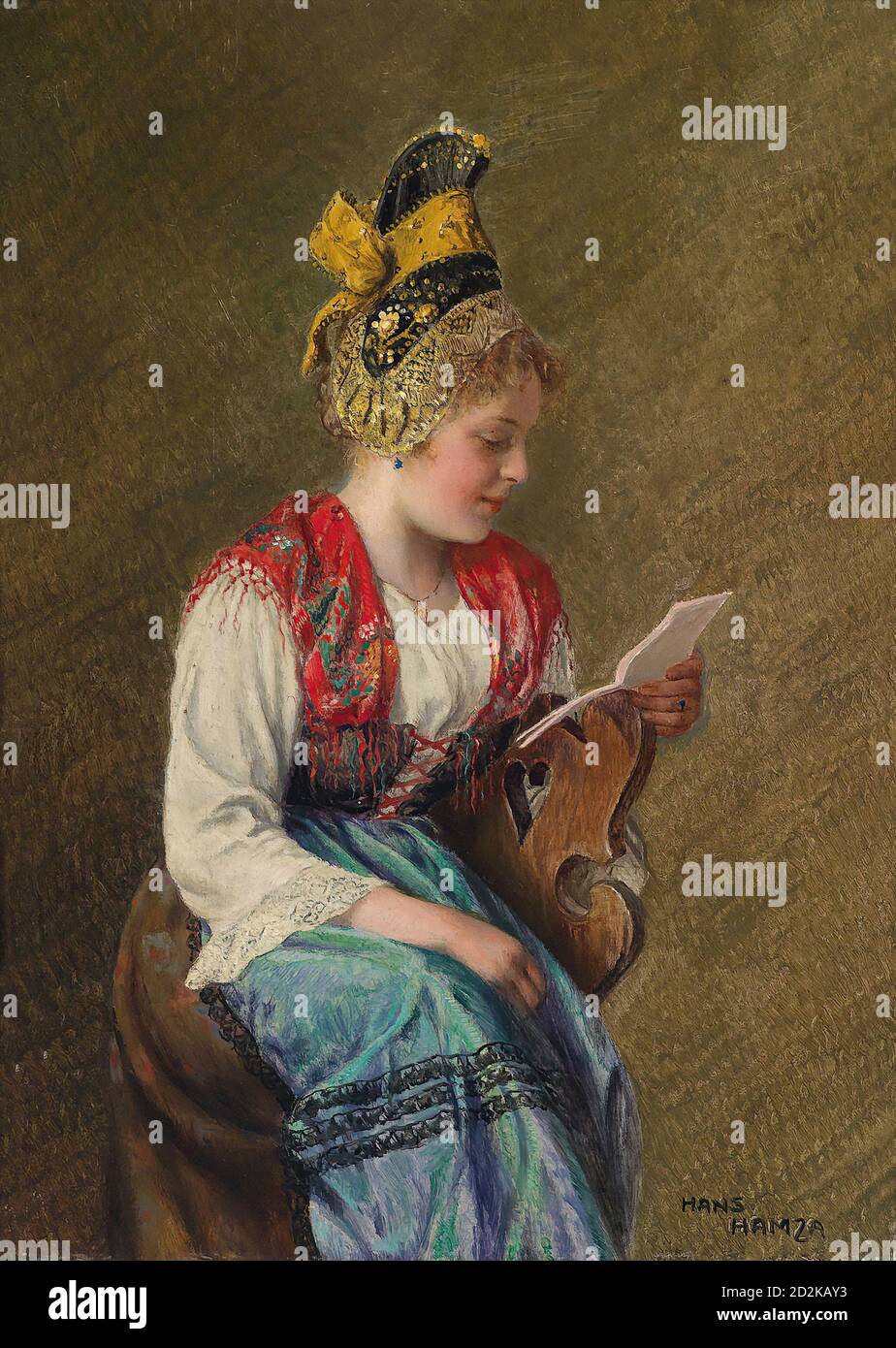 Hamza Hans - Girl with Golden Bonnet Reading a Letter - Austrian School ...