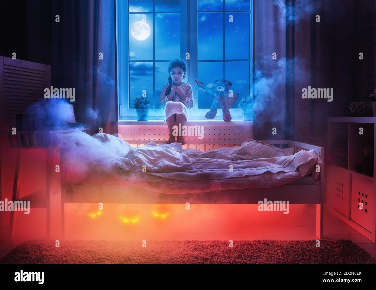 Nightmare for children. Little child girl is afraid of monsters in the ...