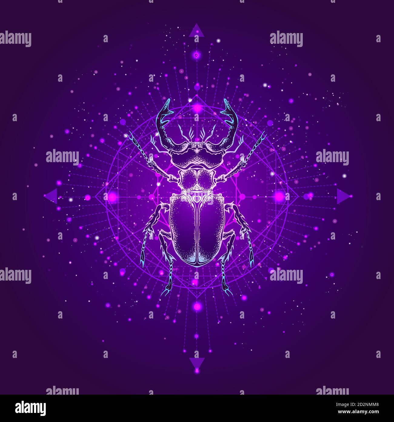 Vector illustration with hand drawn stag beetle and Sacred geometric ...
