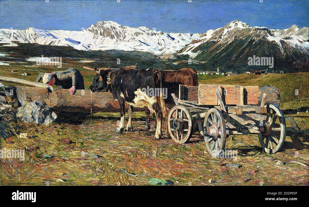 Segantini Giovanni - Cows Watering - Swiss School - 19th Century Stock ...