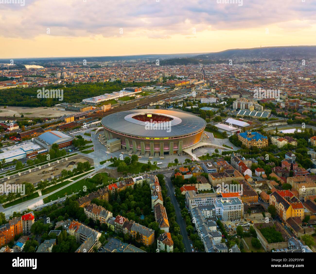 Amazing giant arena building in Hungary. illuminated Ferenc Puskas ...