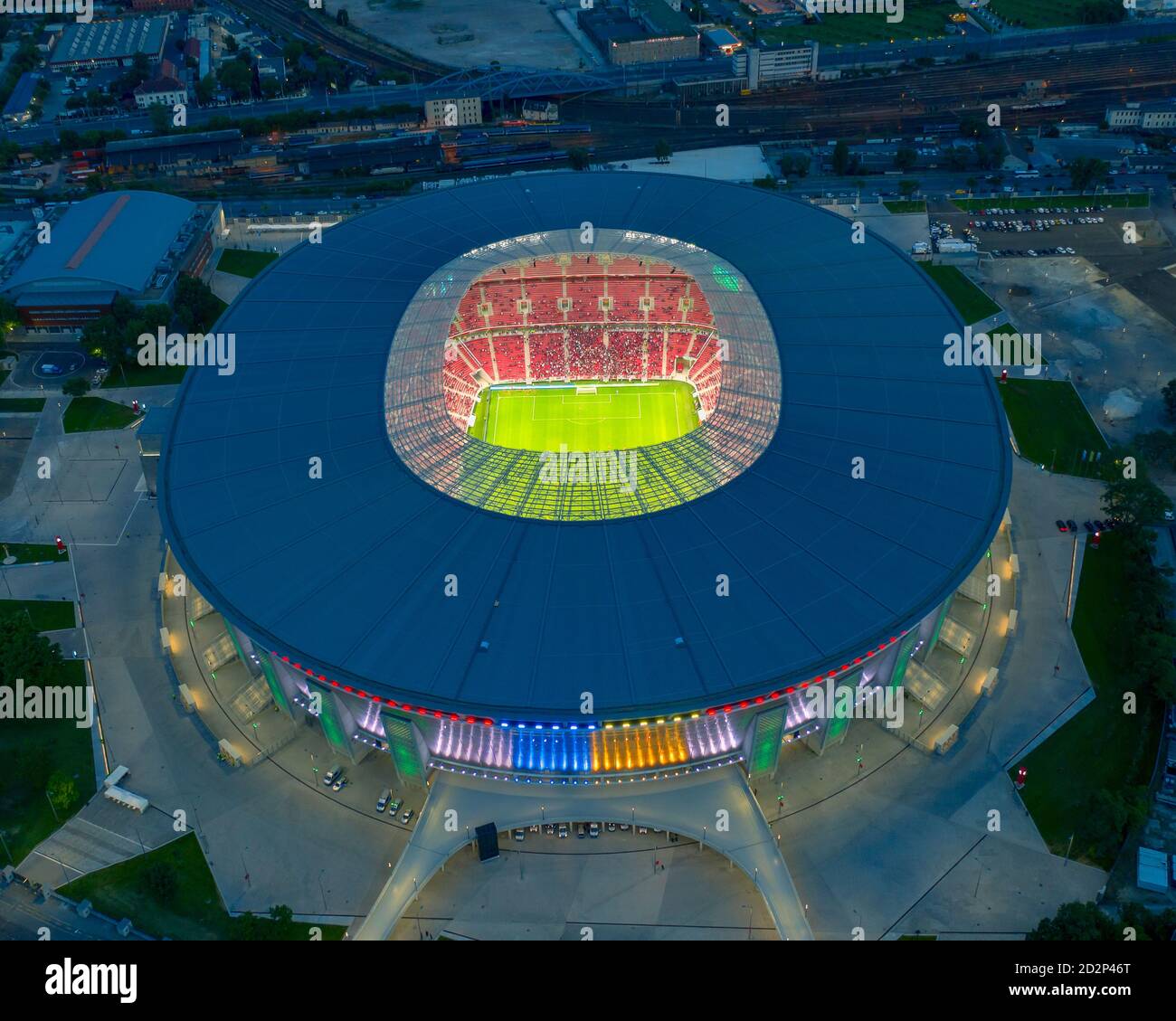Amazing giant arena building in Hungary. illuminated Ferenc Puskas ...
