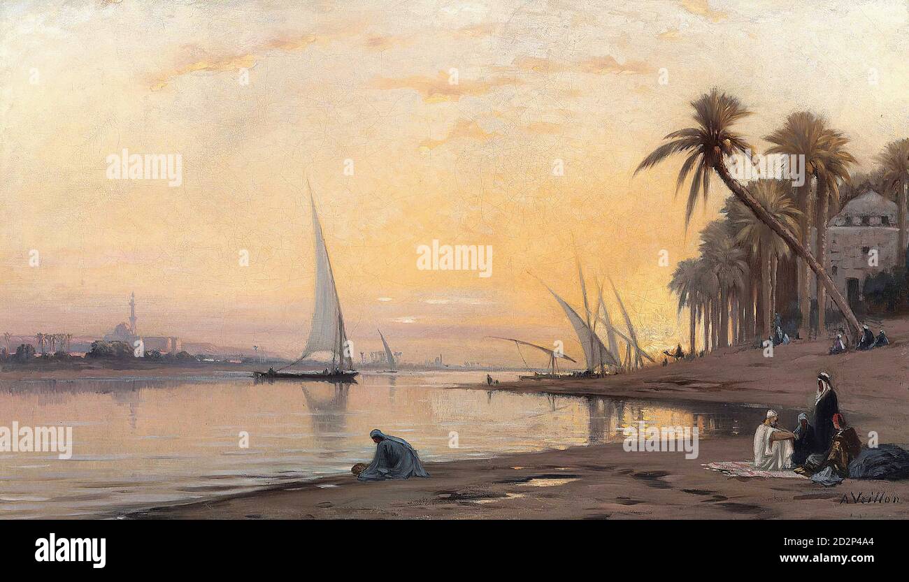 Veillon Auguste Louis - Arabs on the Banks of the Nile - Swiss School ...