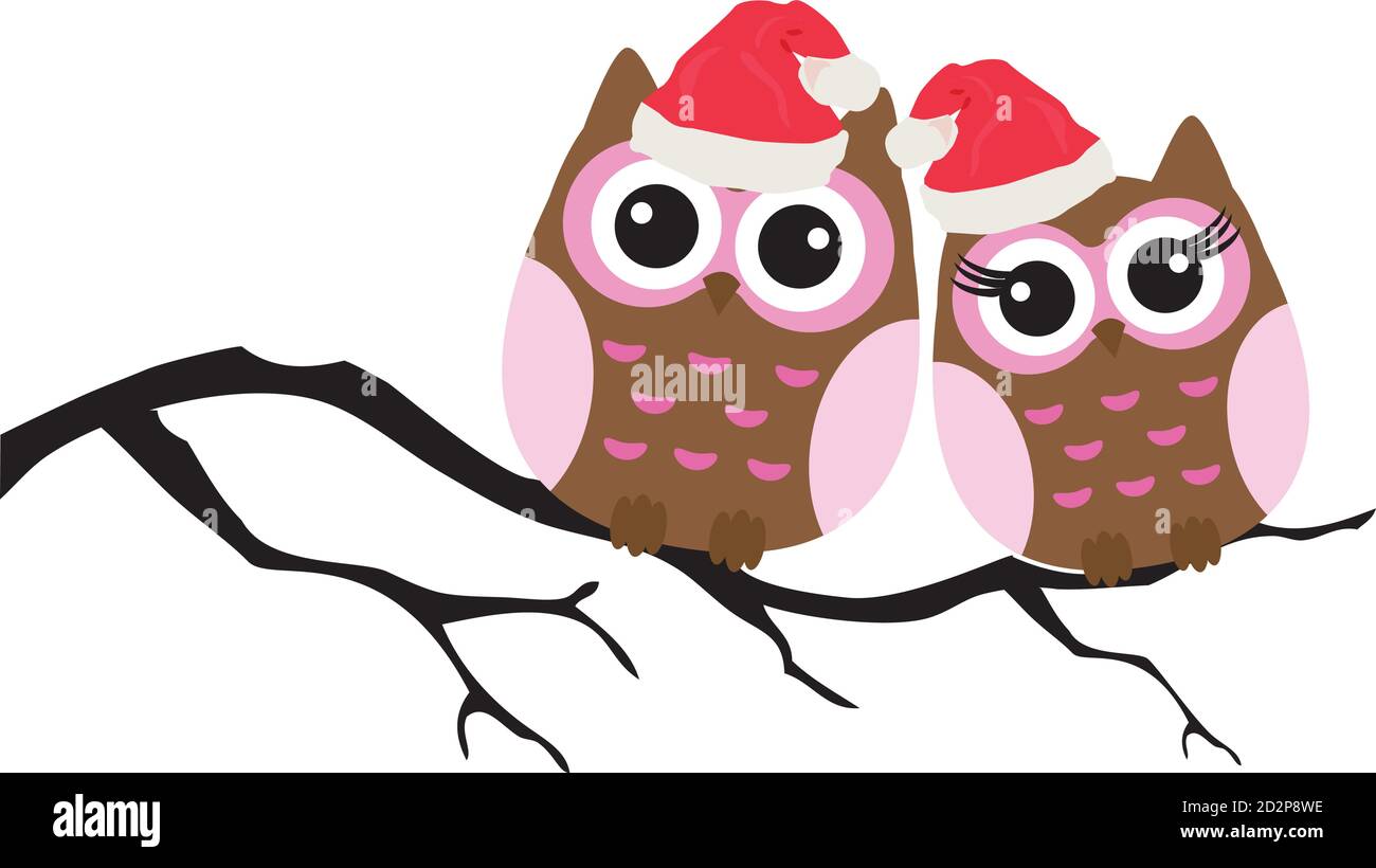 vector illustration of owls in Santa hats in the branch. Christmas card ...