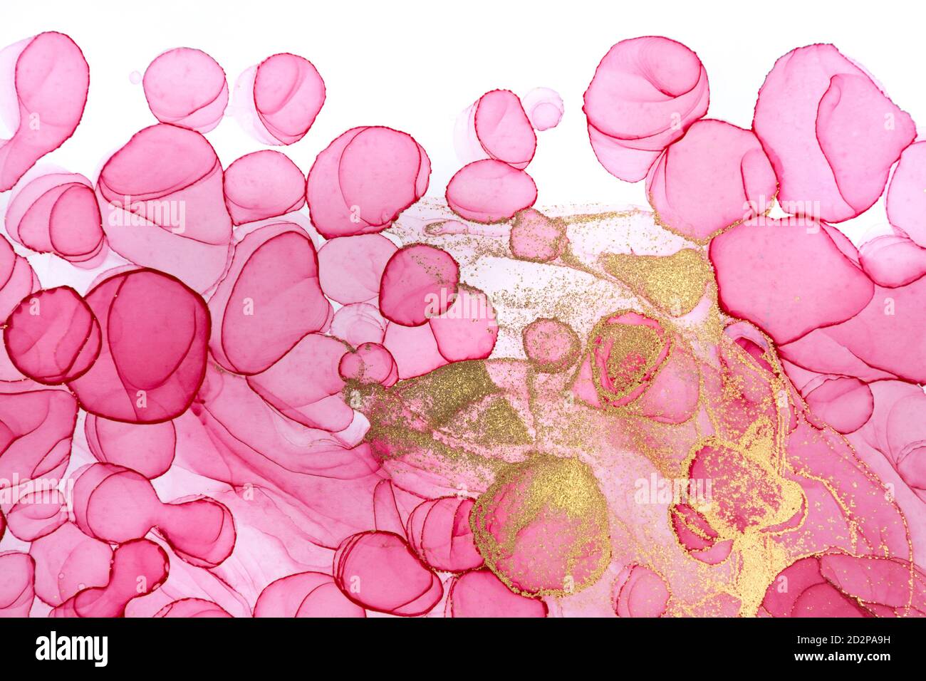 Transparent pink and gold watercolor drops on white background. Bubbles ...