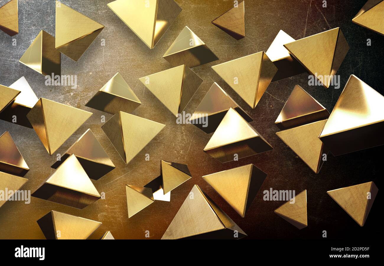 3d illustration, grunge background, many soaring golden triangular ...