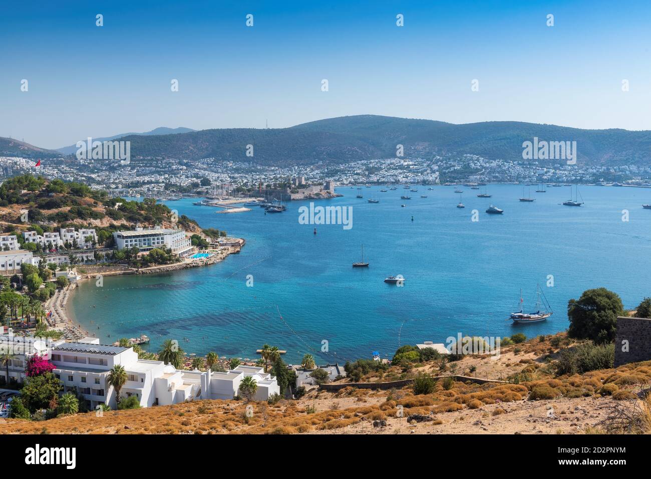 Bodrum coastline with sailboats and luxury yachts in harbor on the ...