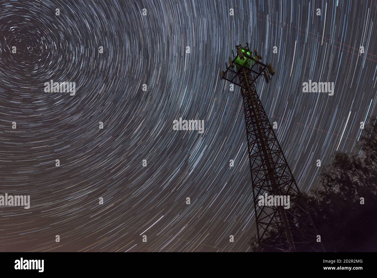 Radio tower near Reichenberg in the Bavarian forest at night with star ...